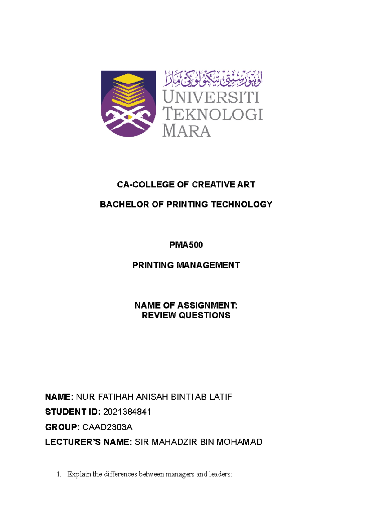 PMA500 ( Assignment 1) - CA-COLLEGE OF CREATIVE ART BACHELOR OF ...
