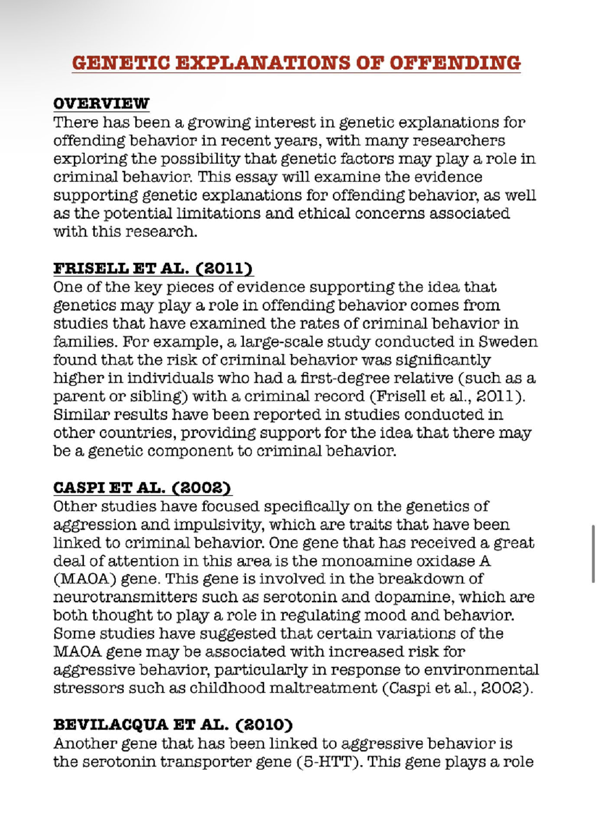 Summary: Genetic Explanations of Offending Behaviour - 8675 - Studocu