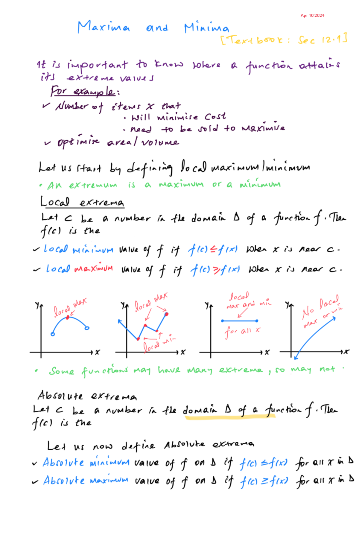 Maxima and Minima - Summary Applied Calculus I - MAM1010F - Apr (This ...