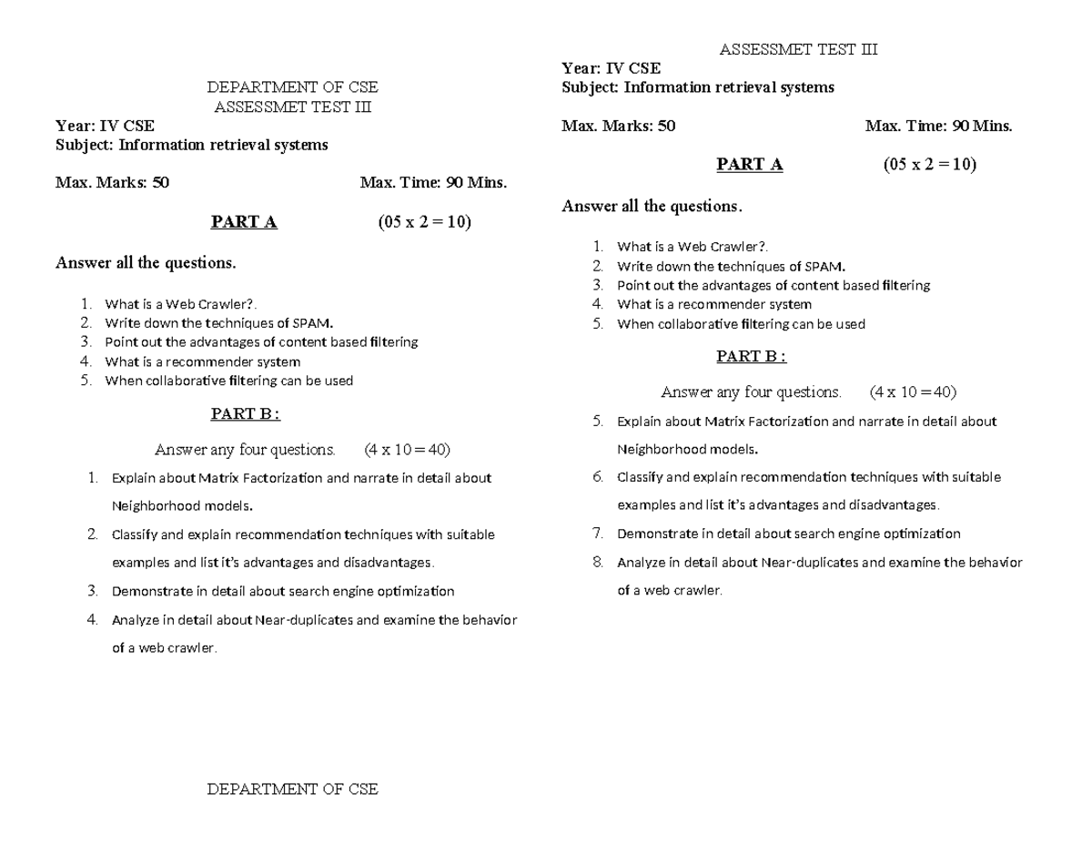 IRT3 - UNIT 3 AND UNIT 4 - DEPARTMENT OF CSE ASSESSMET TEST III Year ...