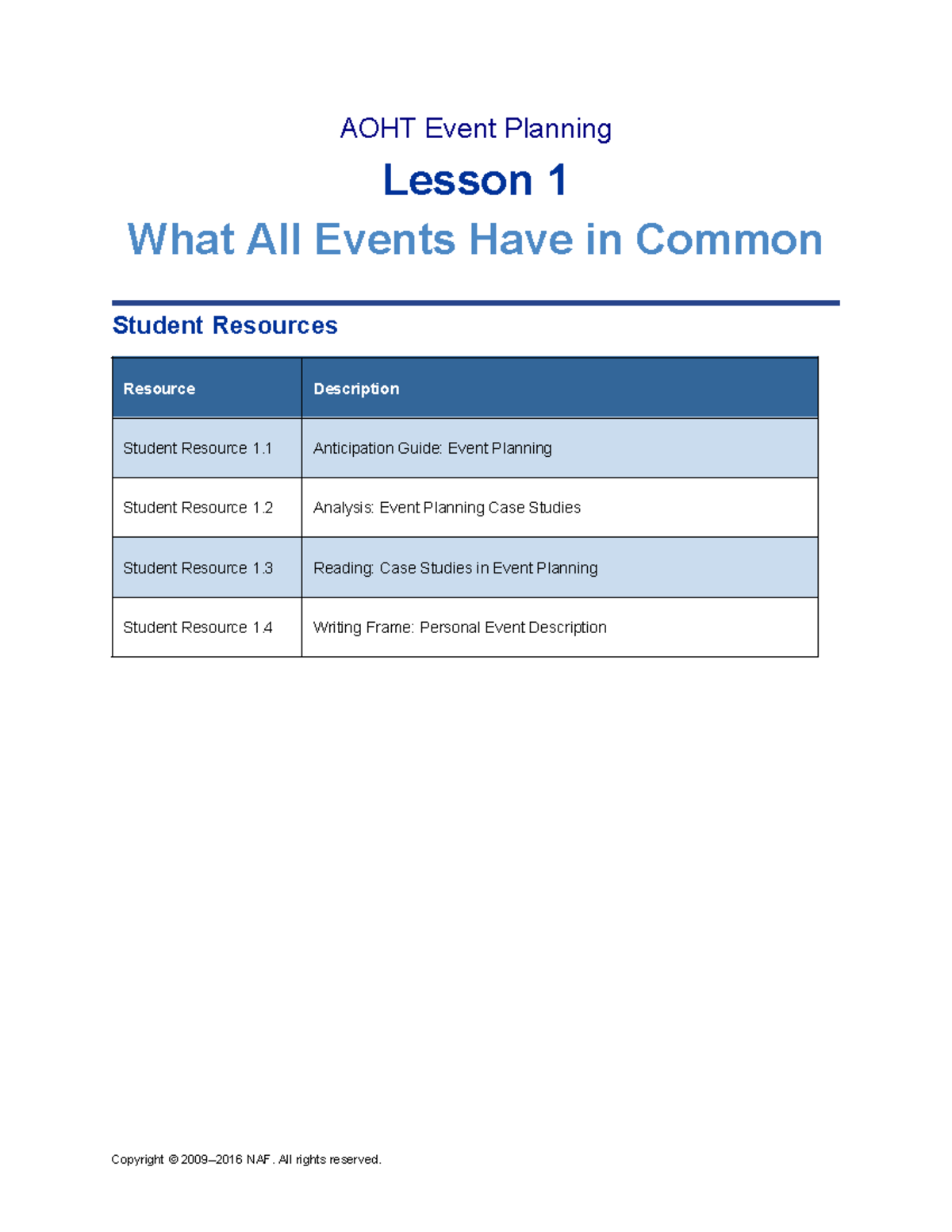 Event Planning Lesson 1 Student Resource 051516 - Lesson 1 What All ...