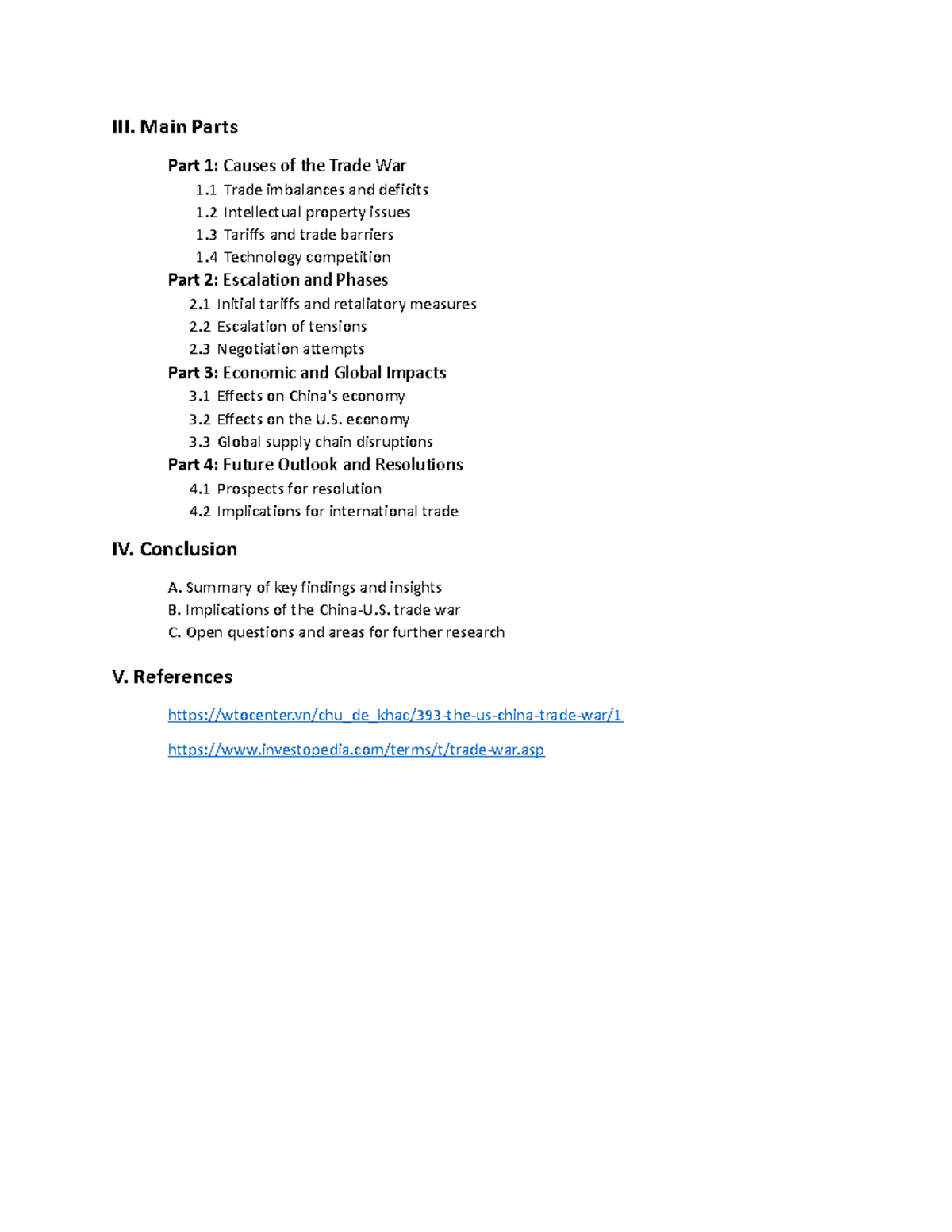 Outline - III. Main Parts Part 1: Causes of the Trade War 1 Trade ...