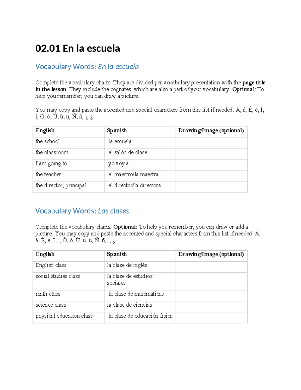 02 01 notes - For virtual spanish - 02 En la escuela Vocabulary Words ...