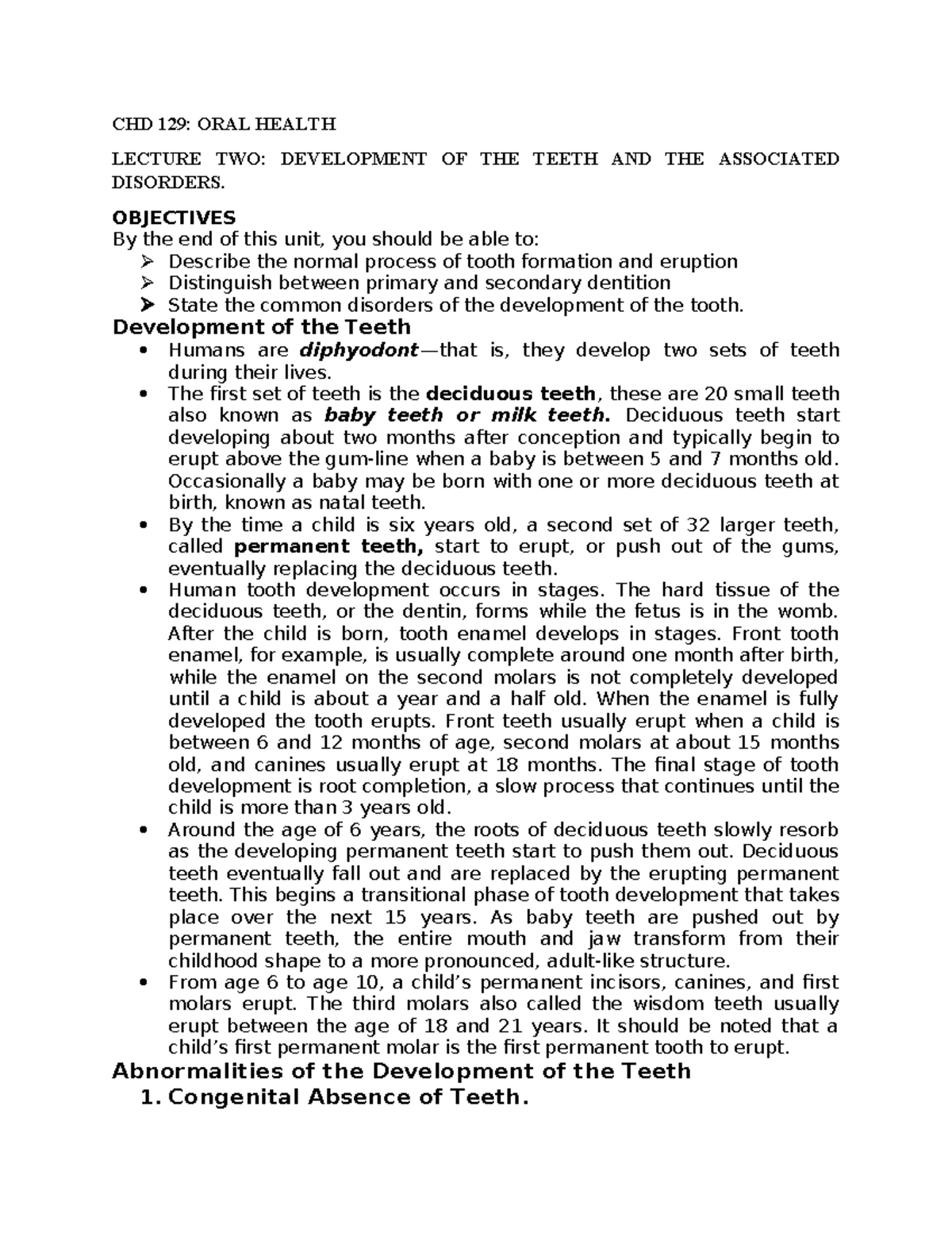 CHD 129 Lecture 2 - CHD 129: ORAL HEALTH LECTURE TWO: DEVELOPMENT OF ...