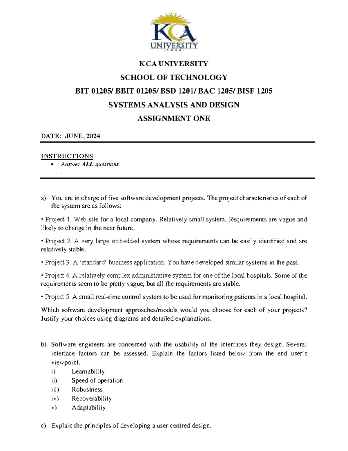 Systems Analysis AND Design - KCA UNIVERSITY SCHOOL OF TECHNOLOGY BIT 0 ...