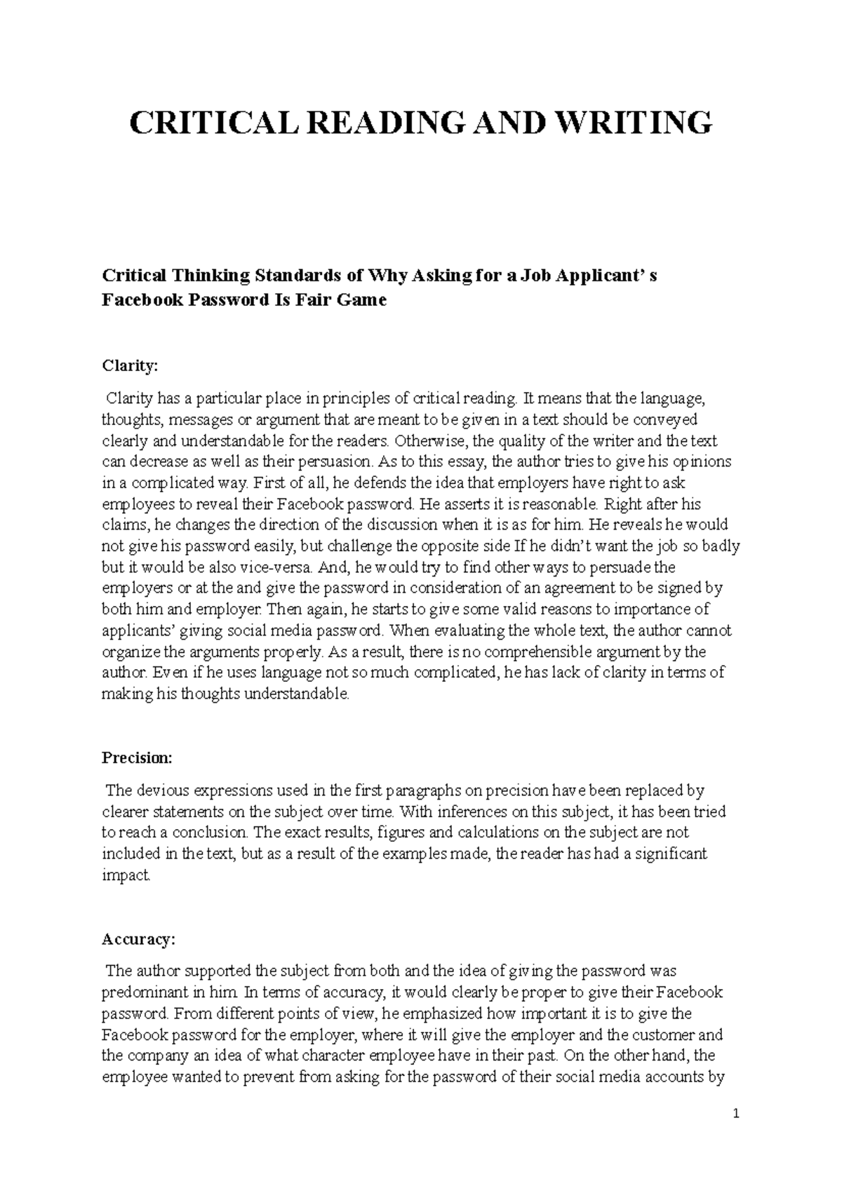 Critical Reading and Writing Homework - CRITICAL READING AND WRITING ...