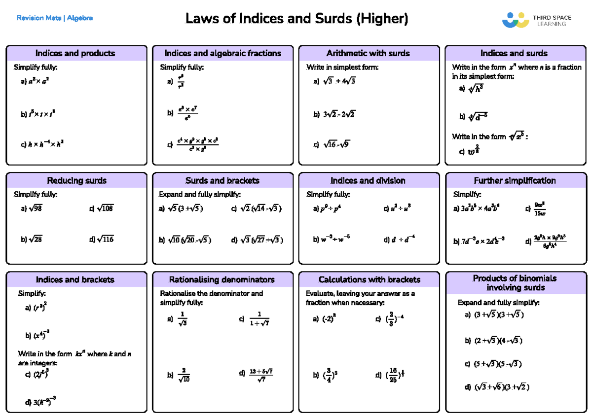 Laws of Indices (Higher) - Revision Mats - Revision Mats | Algebra Laws ...