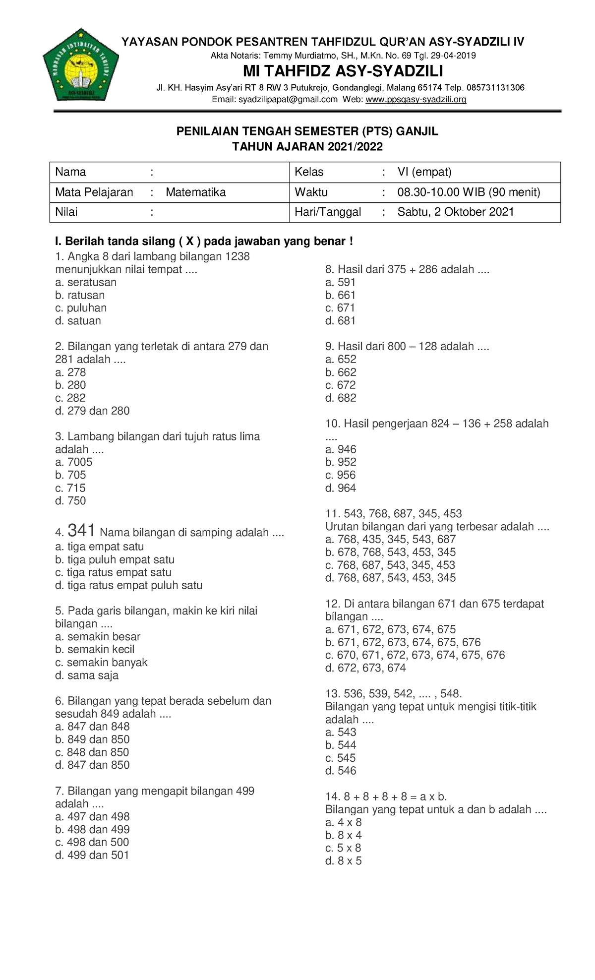 MTK KLS 5 - MTK Kls 5 SD - YAYASAN PONDOK PESANTREN TAHFIDZUL QUR’AN ASY-SYADZILI IV Akta ...