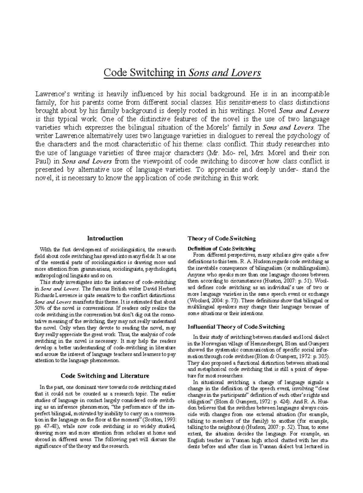 Code Switching in Sons and Lovers - Code Switching in Sons and Lovers ...