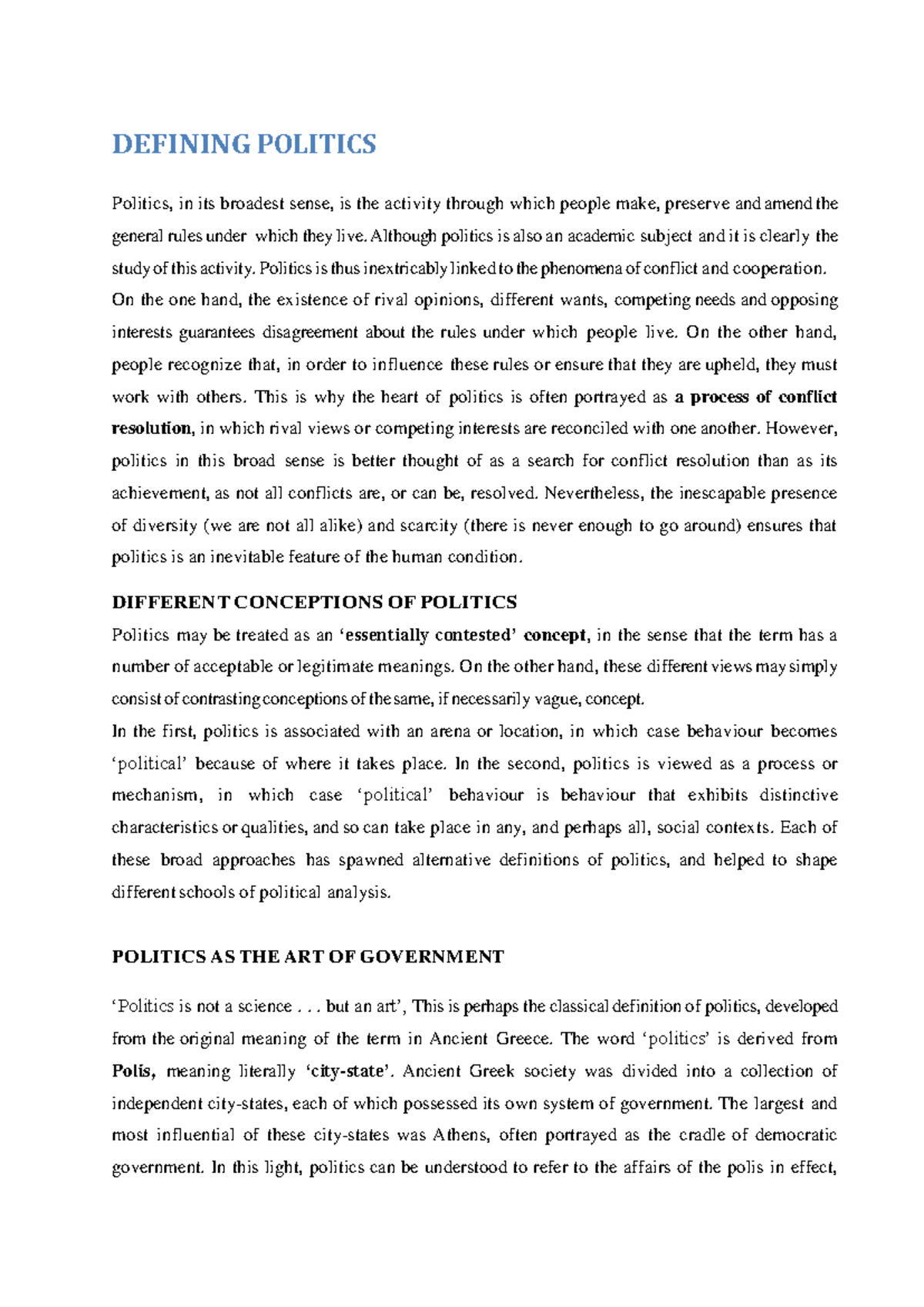 1.1 Defining Politics - DEFINING POLITICS Politics, in its broadest ...