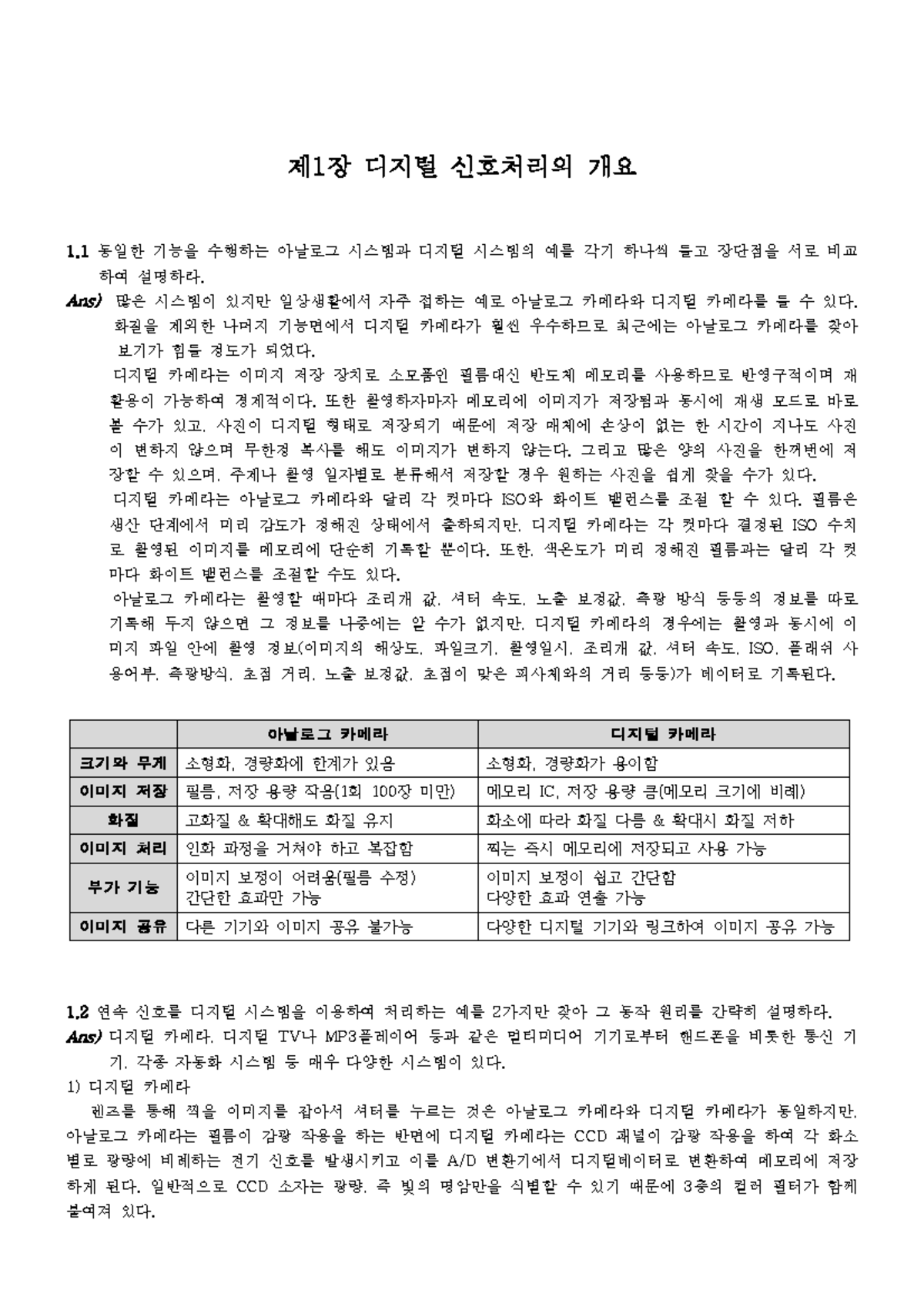 Dsp 연습문제 해답 1장 1장답지 제 1 장 디지털 신호처리의 개요 1 1 동일한 기능을 수행하는 아날로그 시스템과 디지털 시스템의 예를 각기 하나씩 들고