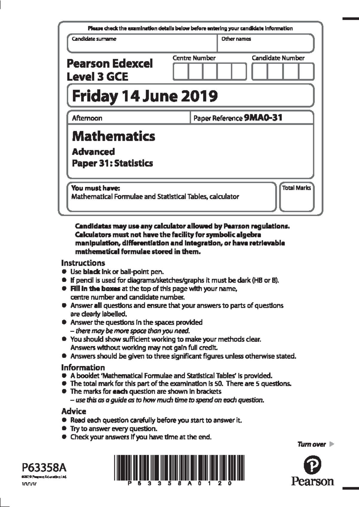 Edexcel A Level Mathematics Paper 31 QP - STAT 200 - Studocu