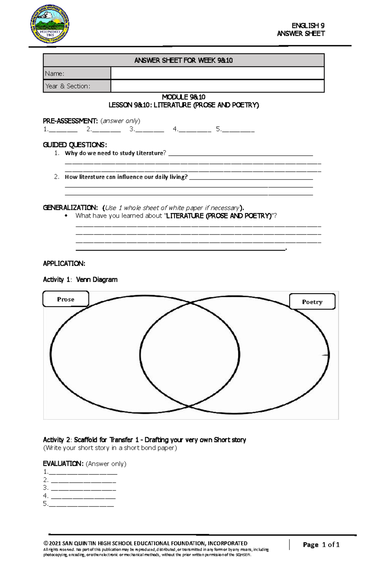 Answer Sheet FOR WEEK 9 & 10Answer Sheet FOR WEEK 1 & 2 for modules ...
