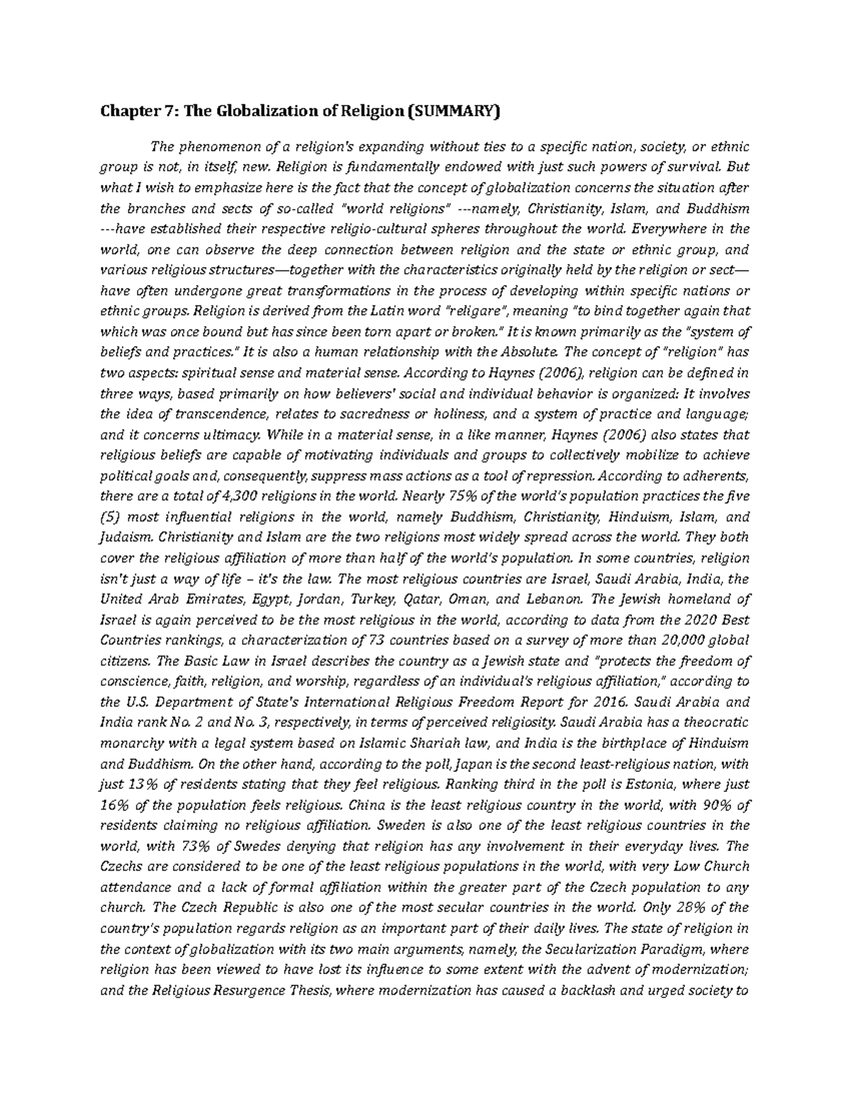 Chapter 7 - globalization - Chapter 7: The Globalization of Religion ...