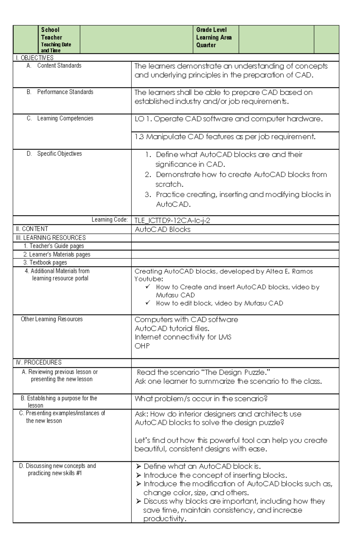 Sample DLL - I. OBJECTIVES School Grade Level Teacher Learning Area Teaching Date and Time ...