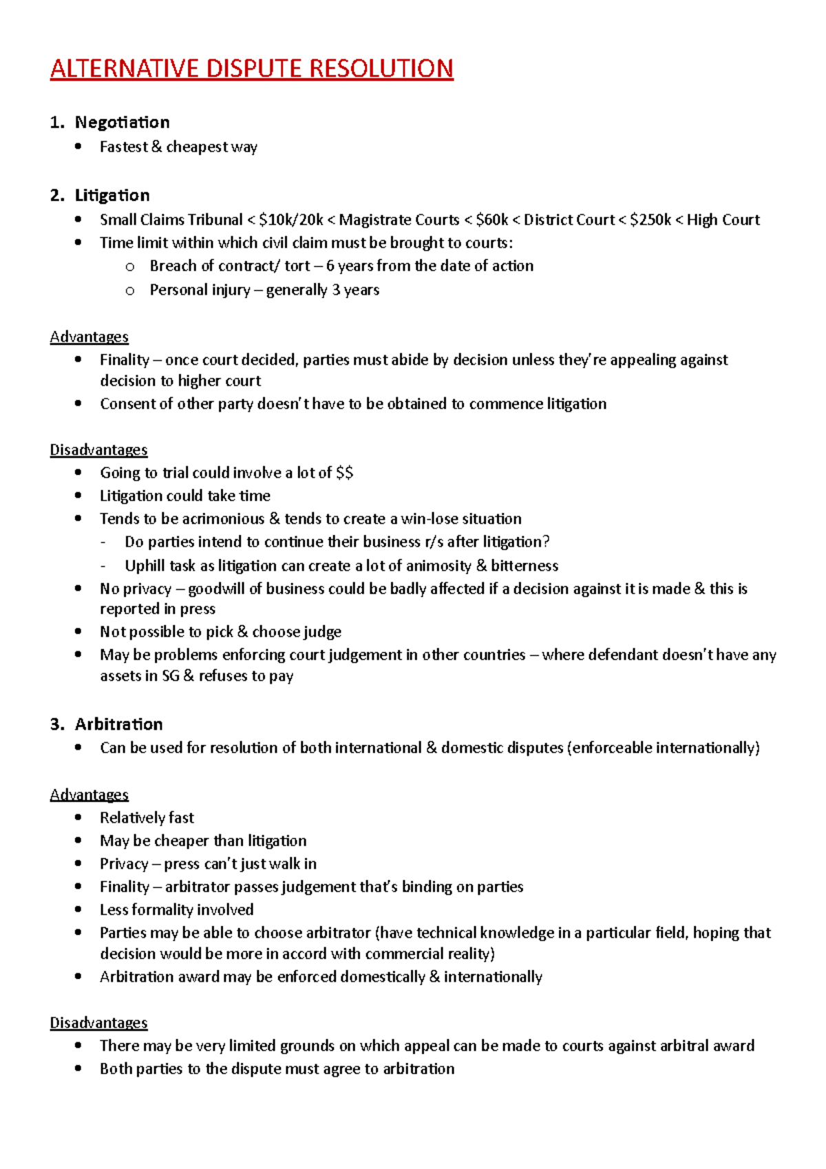 Finals Summary Notes - ALTERNATIVE DISPUTE RESOLUTION 1. Negotiation ...