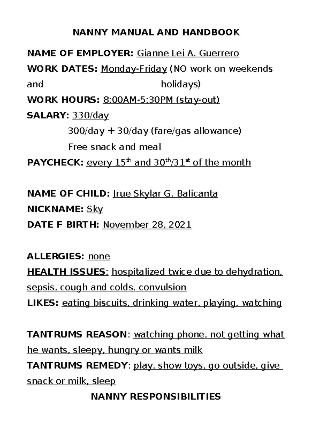 Nanny Manual AND Handbook - NANNY MANUAL AND HANDBOOK NAME OF EMPLOYER ...