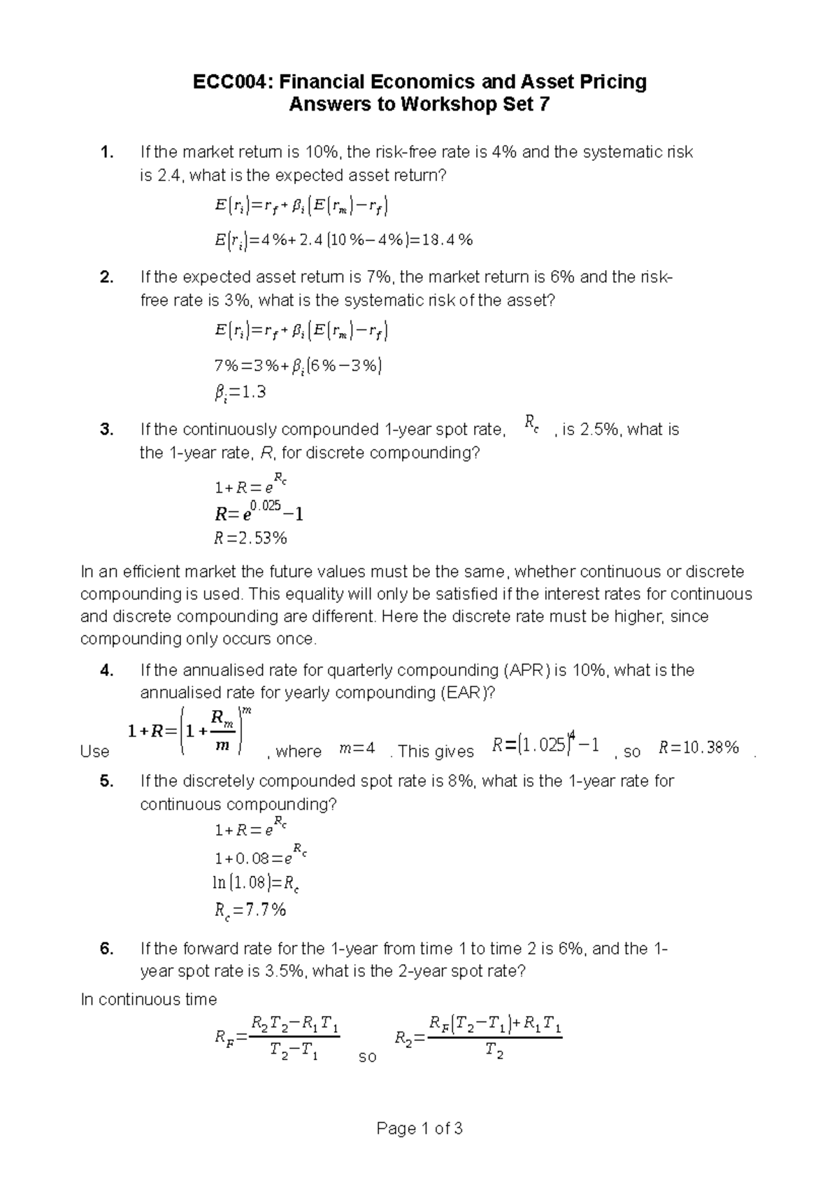 Workshop 7 (Interest Rate and CAPM Calculations) Answers - ECC004 ...