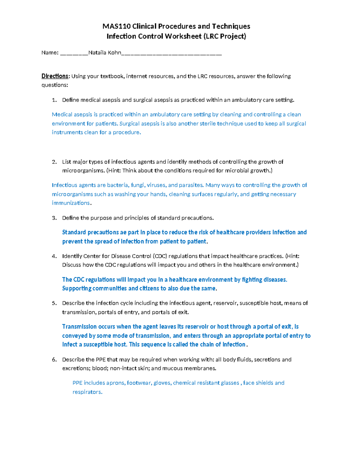 MAS110 Week 1 Infection Control Worksheet - MAS110 Clinical Procedures ...