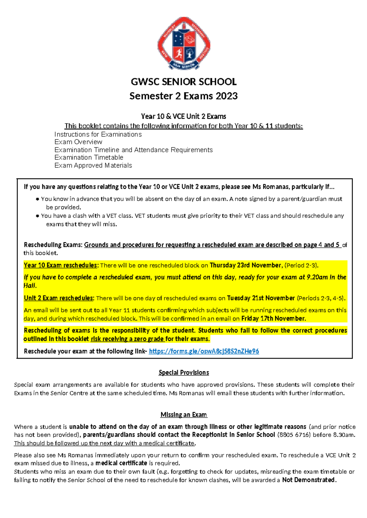 2023 Unit 2 and Year 10 Sem 2 Exam Student Booklet (1) - GWSC SENIOR ...