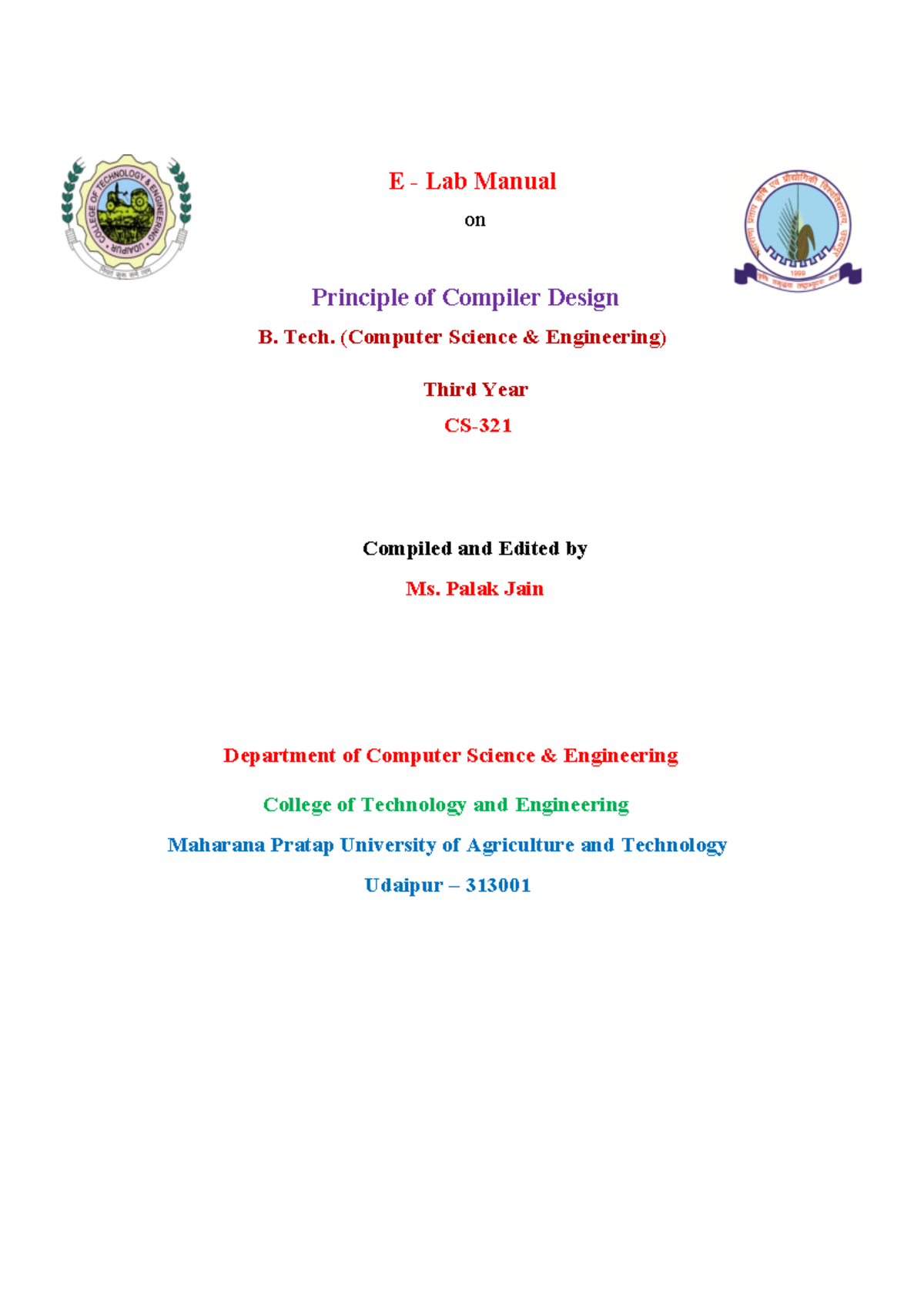 Compiler CS-321 E-Manual 230208 111901 - E - Lab Manual on Principle of Compiler Design B. Tech ...