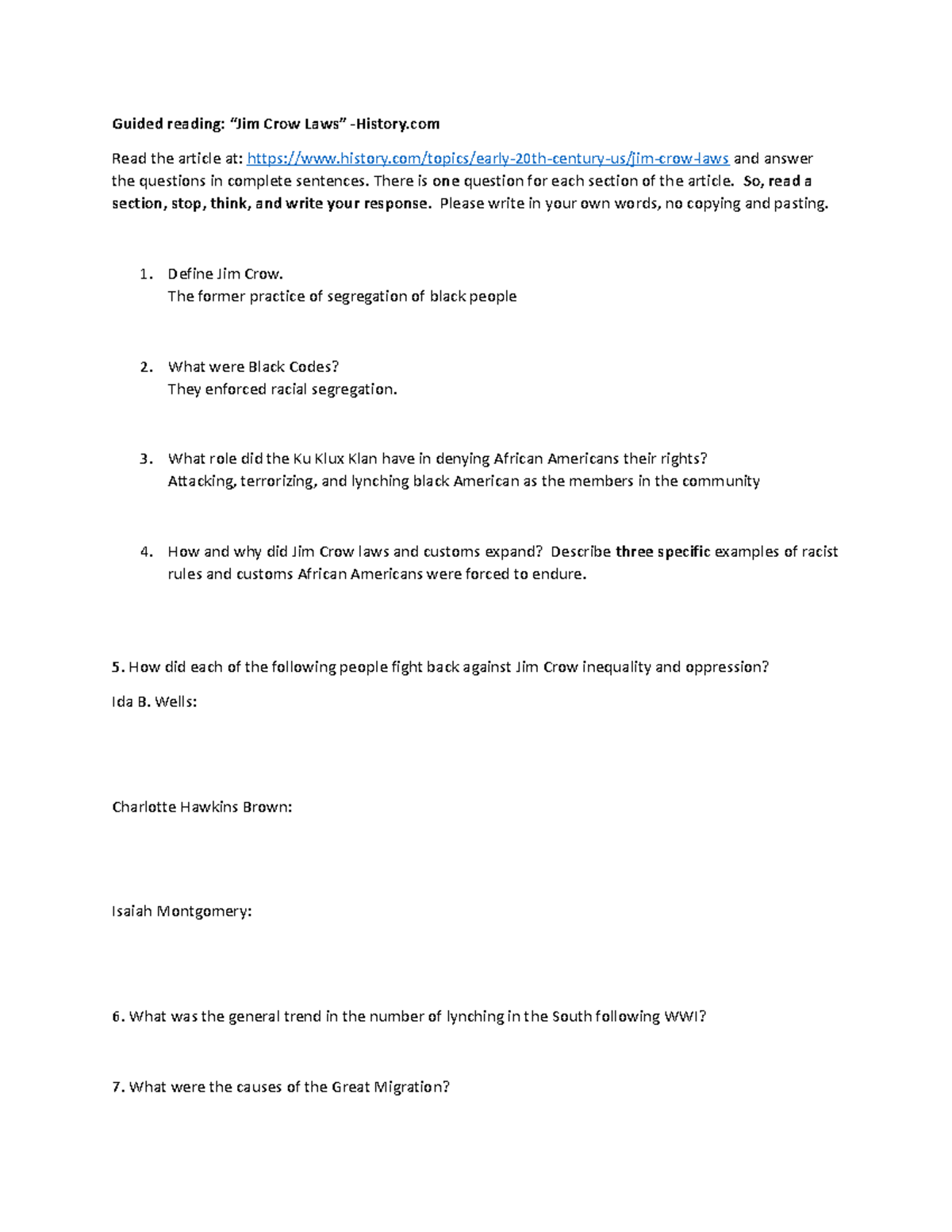 1 - ckevW V - Guided reading: “Jim Crow Laws” -History Read the article ...