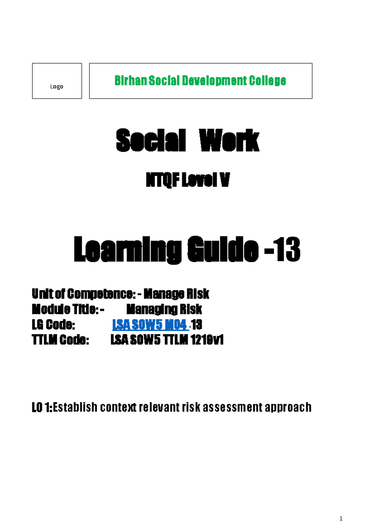 04 Learning Guides for Managing Risk - Social Work NTQF Level V ...