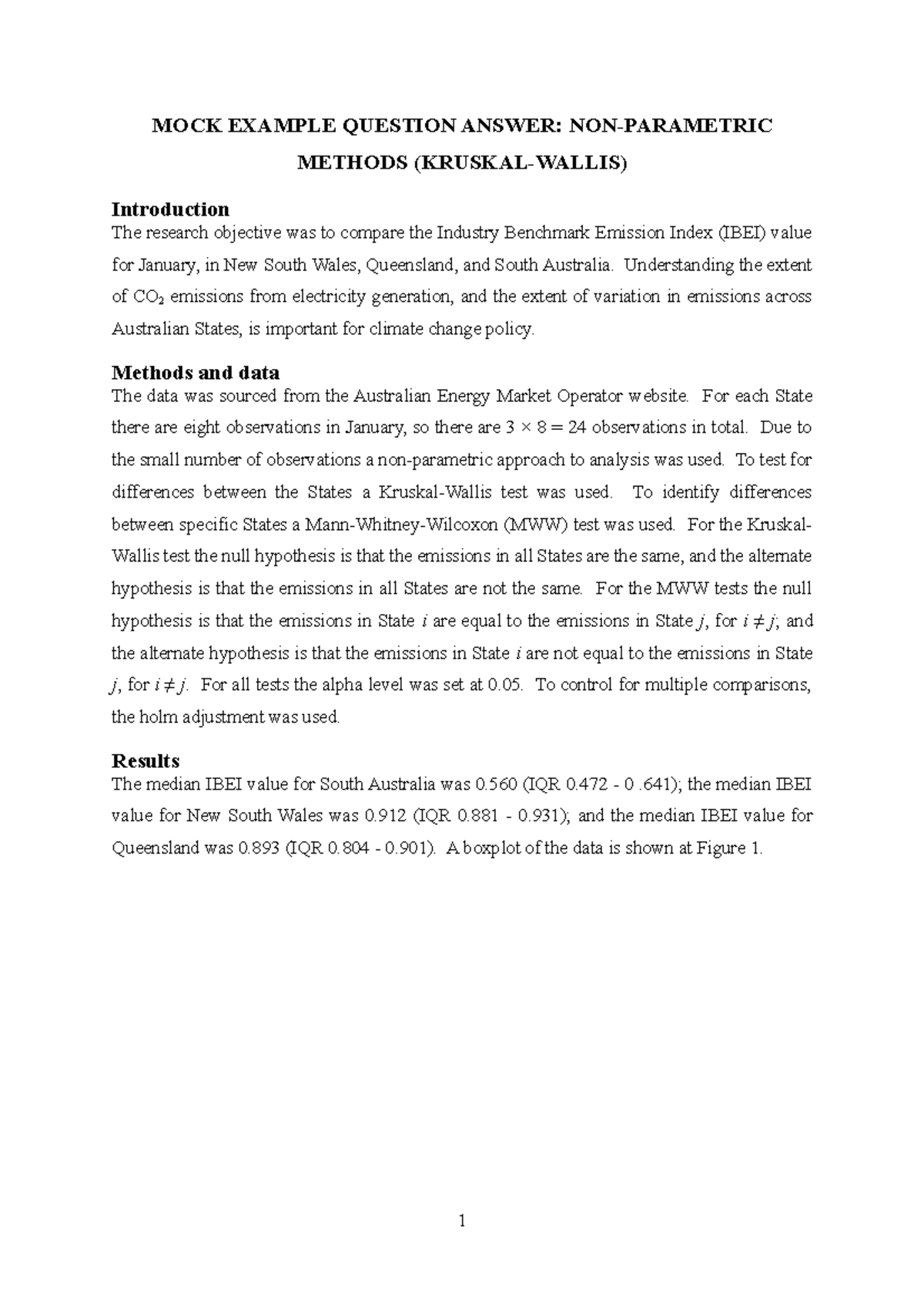 Non parametric example write up - MOCK EXAMPLE QUESTION ANSWER: NON ...