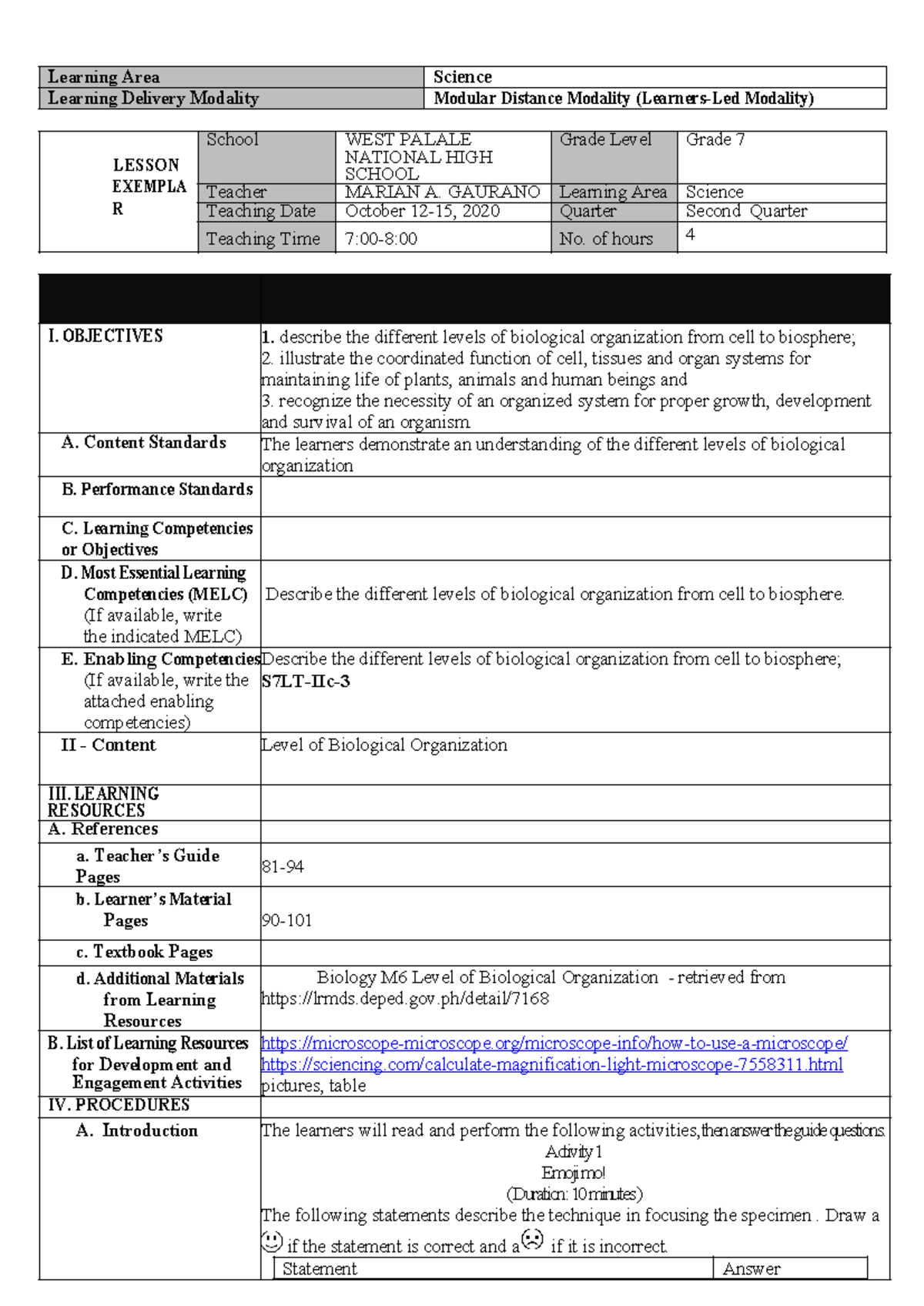 Ilide - plan - Learning Area Science Learning Delivery Modality Modular ...