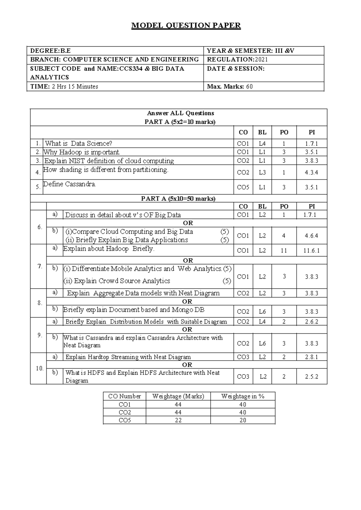 BDA IA1 QP - BIG DATA QUESTION PAPER - MODEL QUESTION PAPER DEGREE:B ...