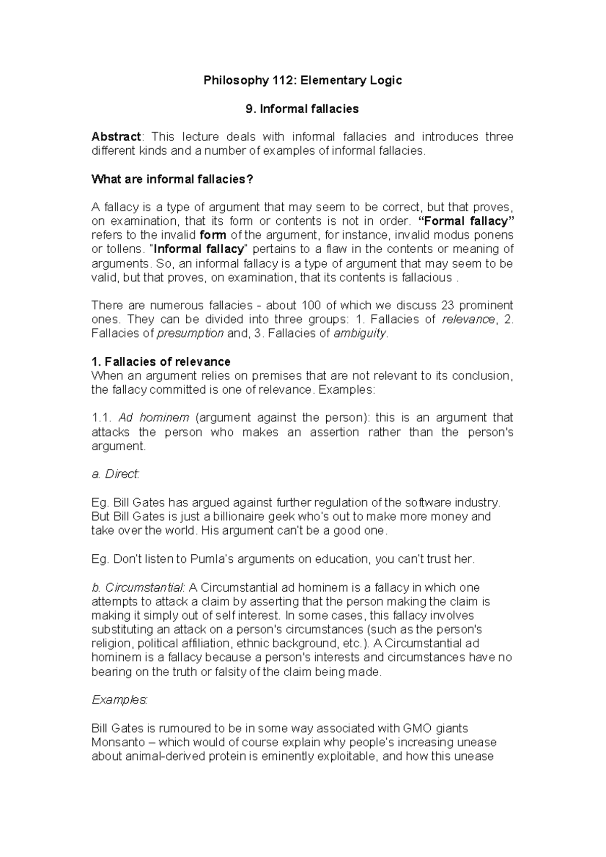 9 Fallacies - Philosophy 112: Elementary Logic 9. Informal fallacies ...