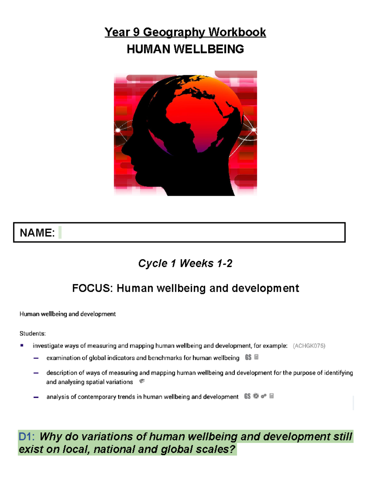 Online Cycle 1 Year 9 Human Wellbeing - Year 9 Geography Workbook HUMAN ...