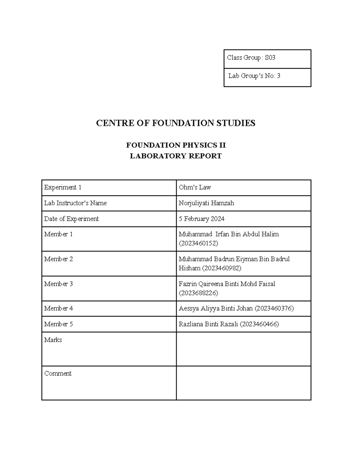 Physics LAB Report EXP 1 OHM'S LAW Group 3 - Class Group: S Lab Group’s ...