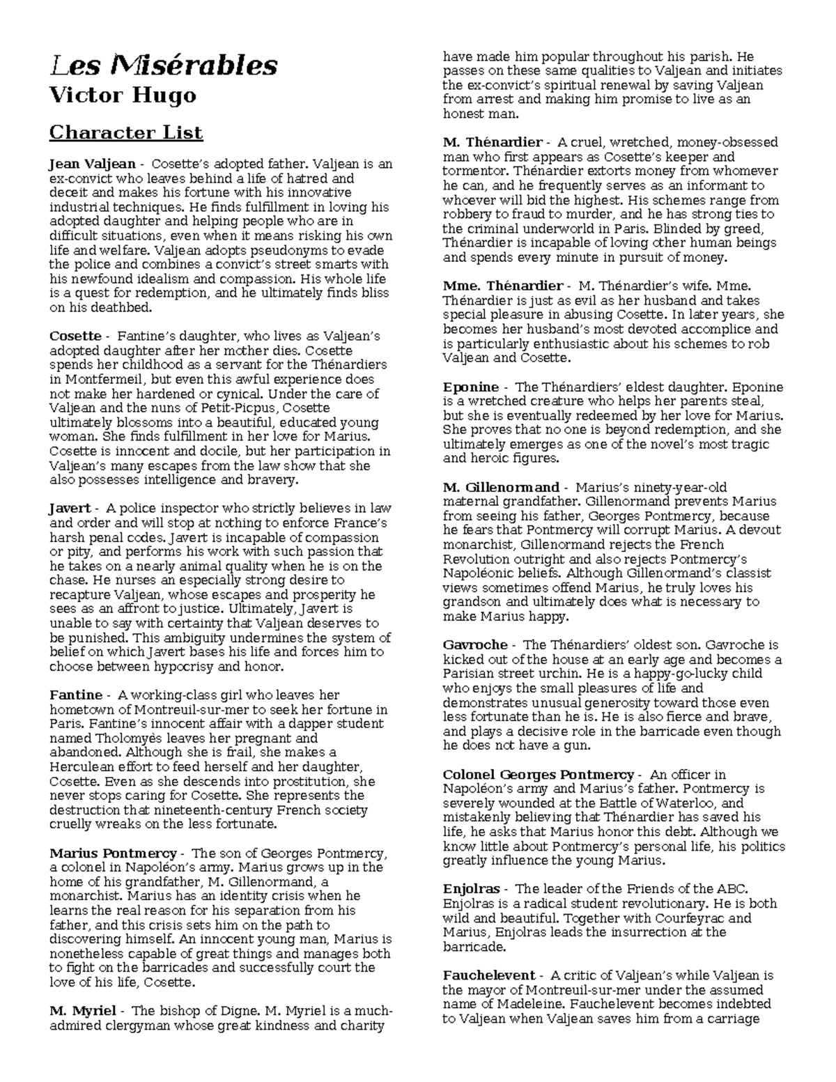 HUM110 Les Misérables Character List-1 - Les Misérables Victor Hugo ...