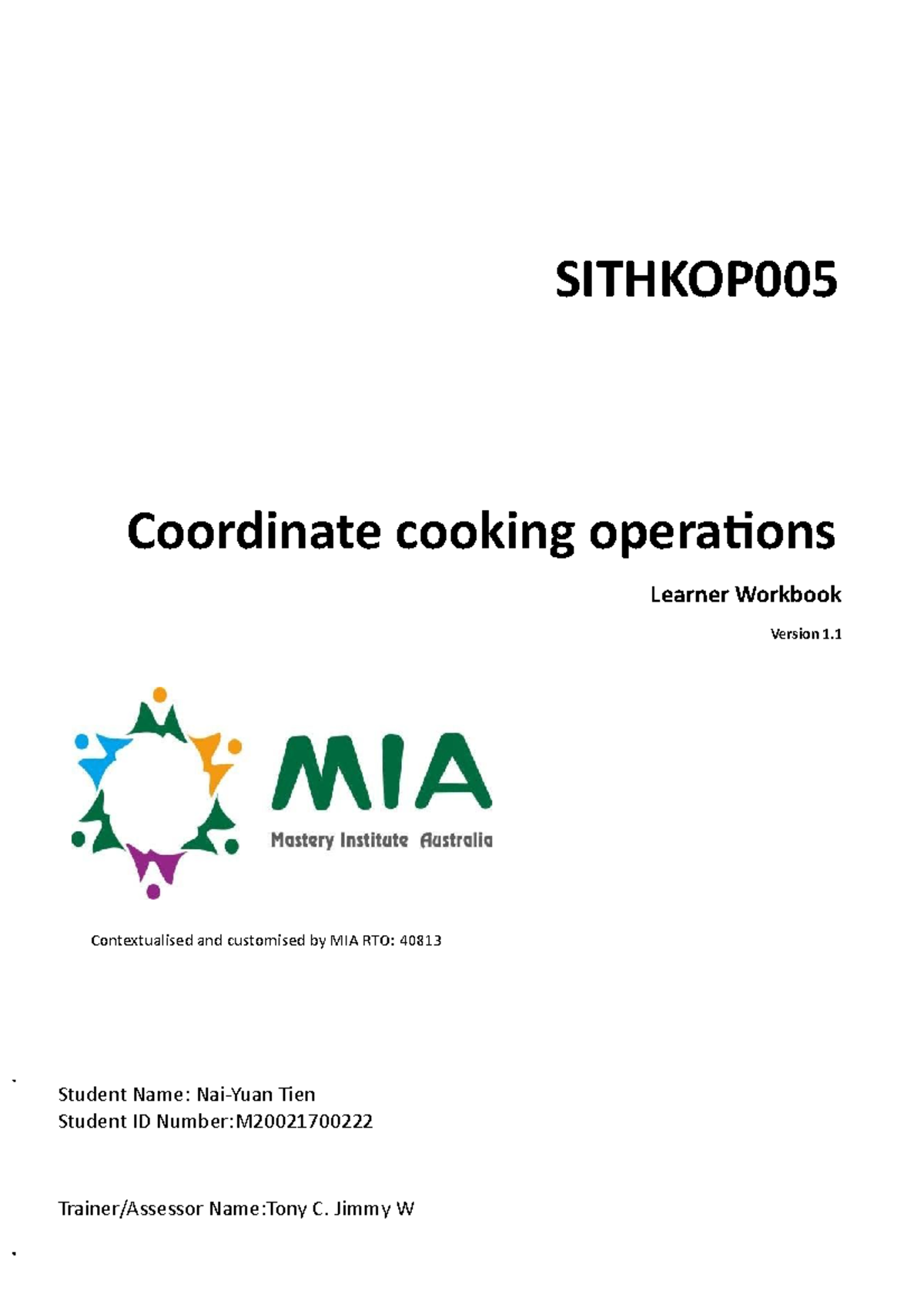 Sithkop 005 - Sithccc 012 - SITHKOP Coordinate cooking operations ...