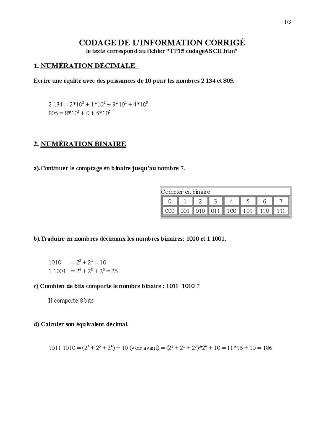 15 codage information corrige - 1/ CODAGE DE L'INFORMATION CORRIGÉ le texte correspond au ...