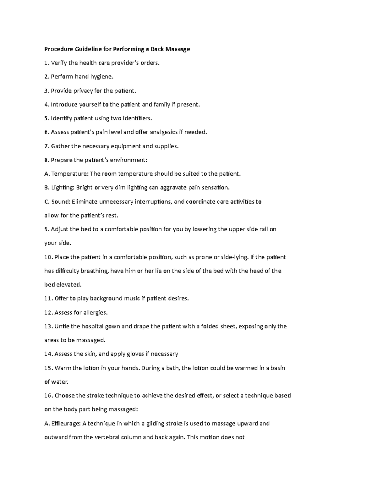 Procedure Guideline for Performing a Back Massage - Perform hand ...