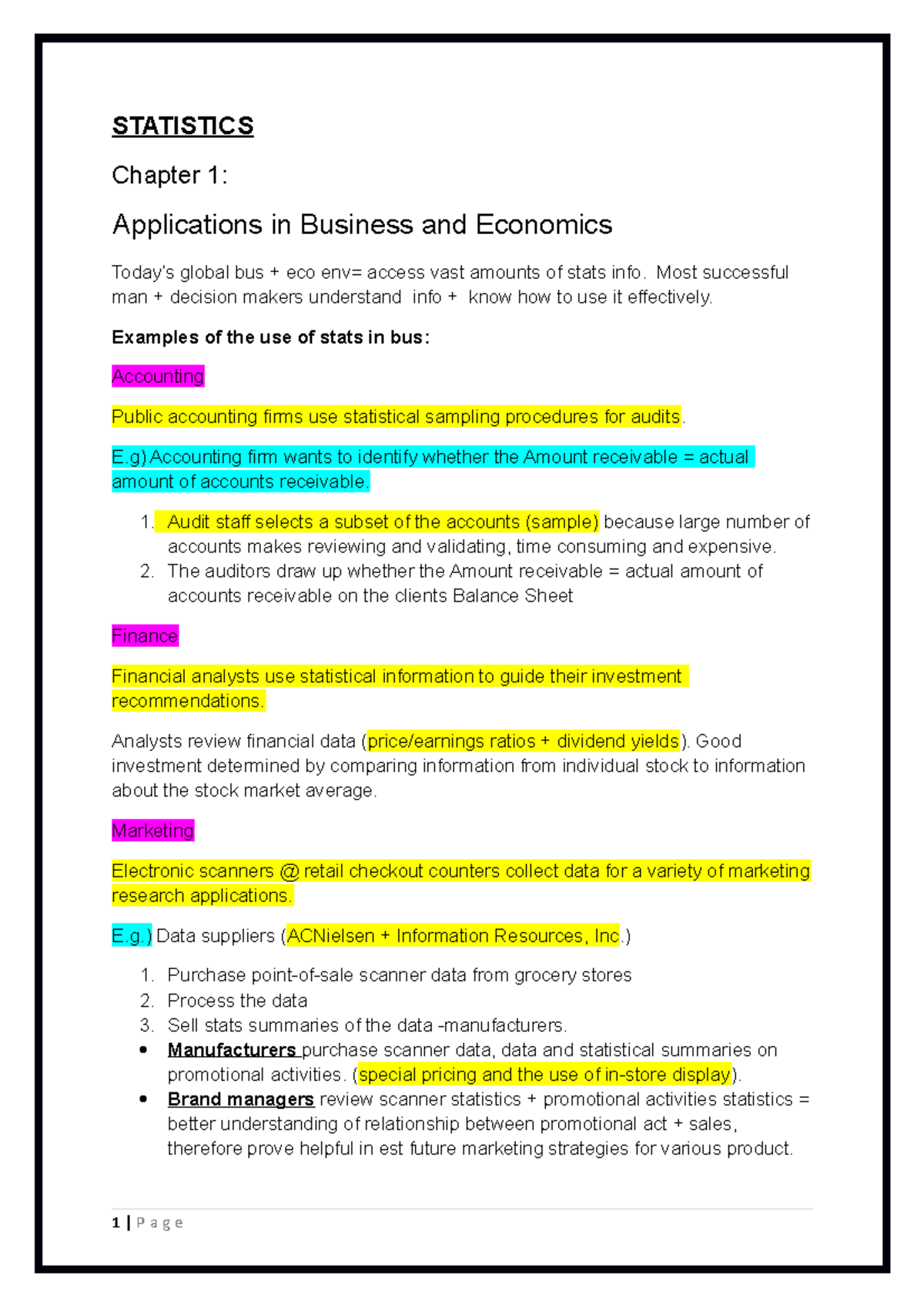 Chapter 1 summaries - STATISTICS Chapter 1: Applications in Business ...