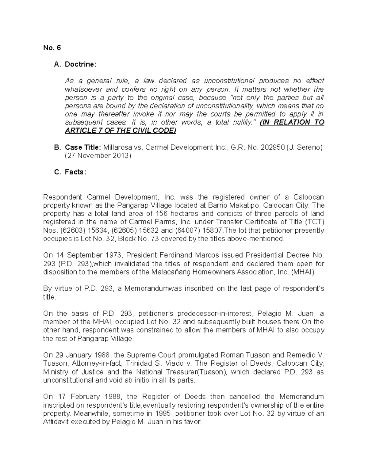 CASE 1 on property civil law - No. 6 A. Doctrine: As a general rule, a ...