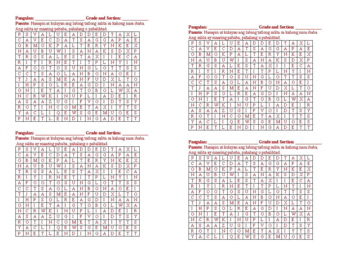 Word hunt - none - Pangalan: _______________________ Grade and Section ...