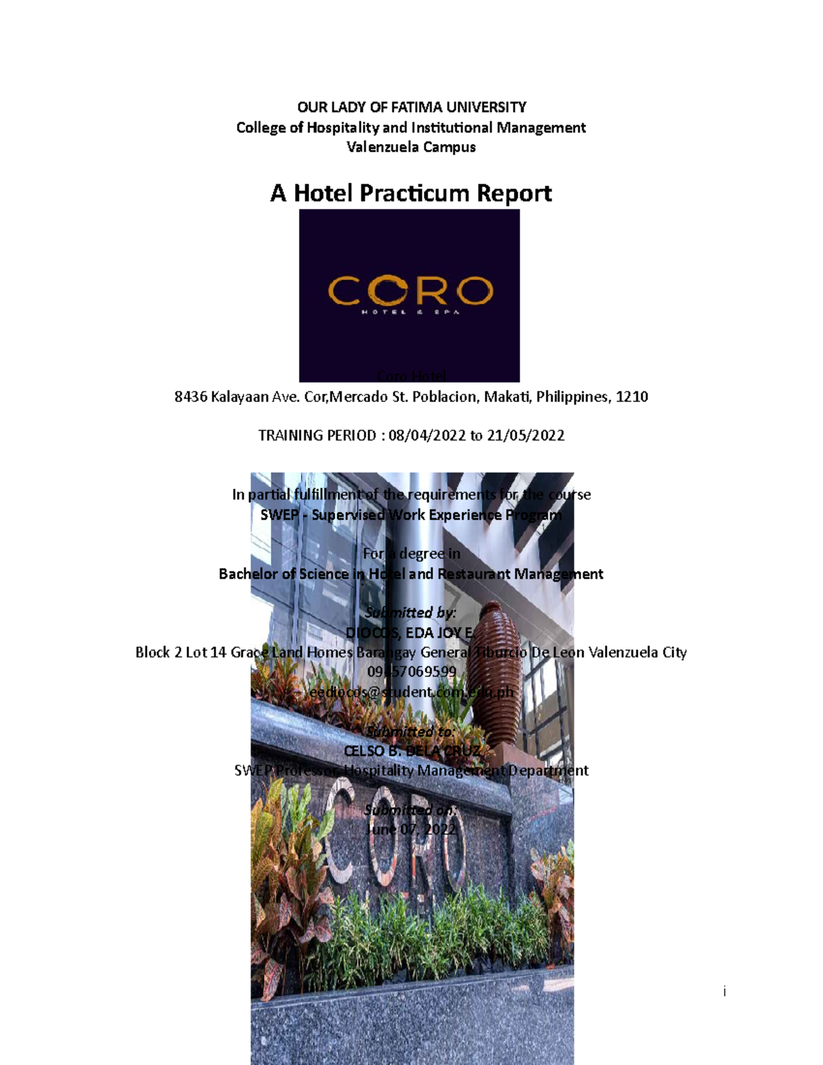 Practicum Report-sample - OUR LADY OF FATIMA UNIVERSITY College of ...