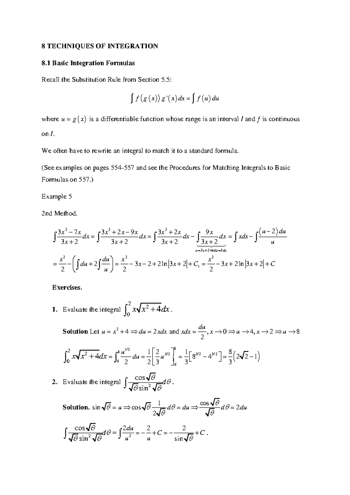 Note 1 week 1-2 improper integrals and exercises - 8 TECHNIQUES OF INTEGRATION 8 Basic ...