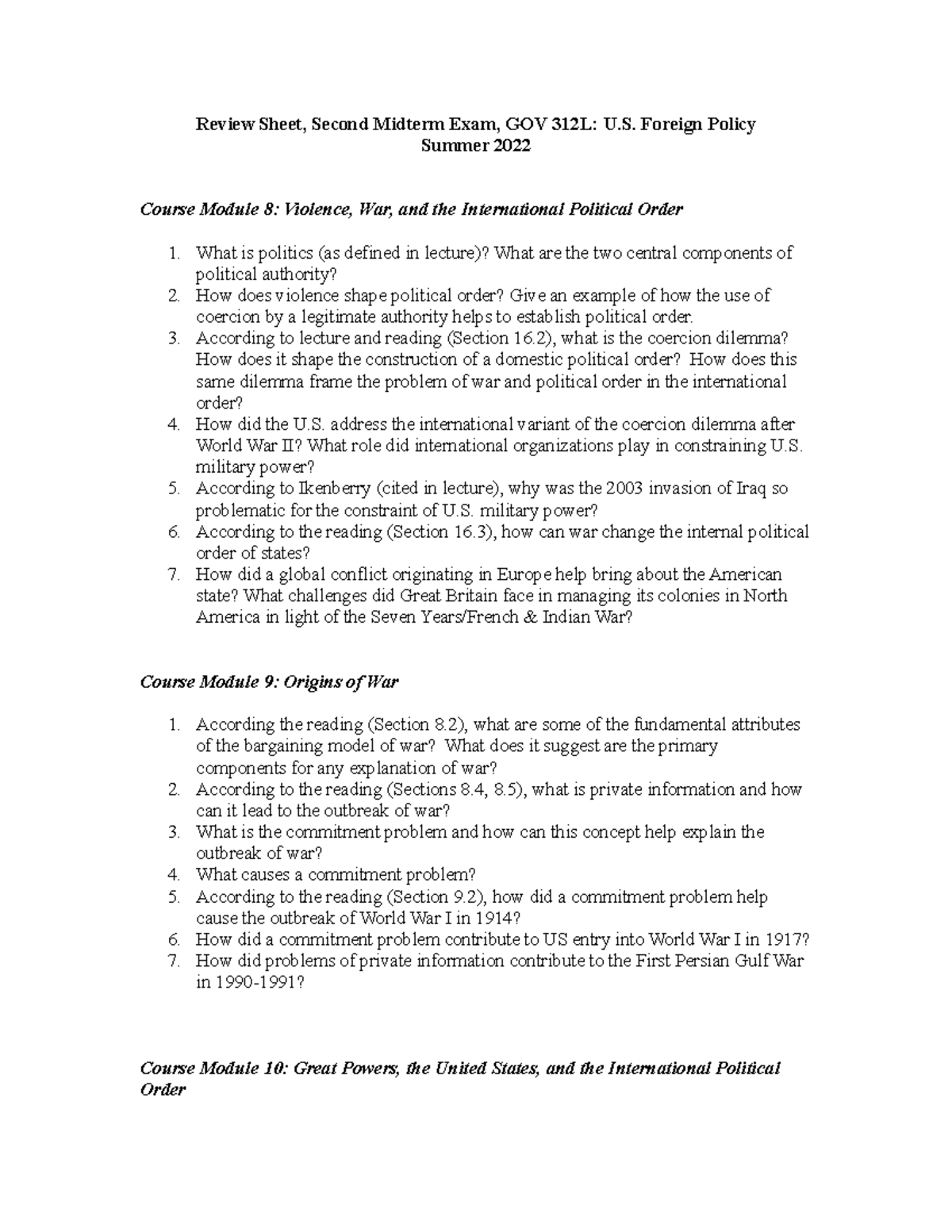Gov 312 Review Sheet Summer 2022 Second Midterm Exam Review Sheet