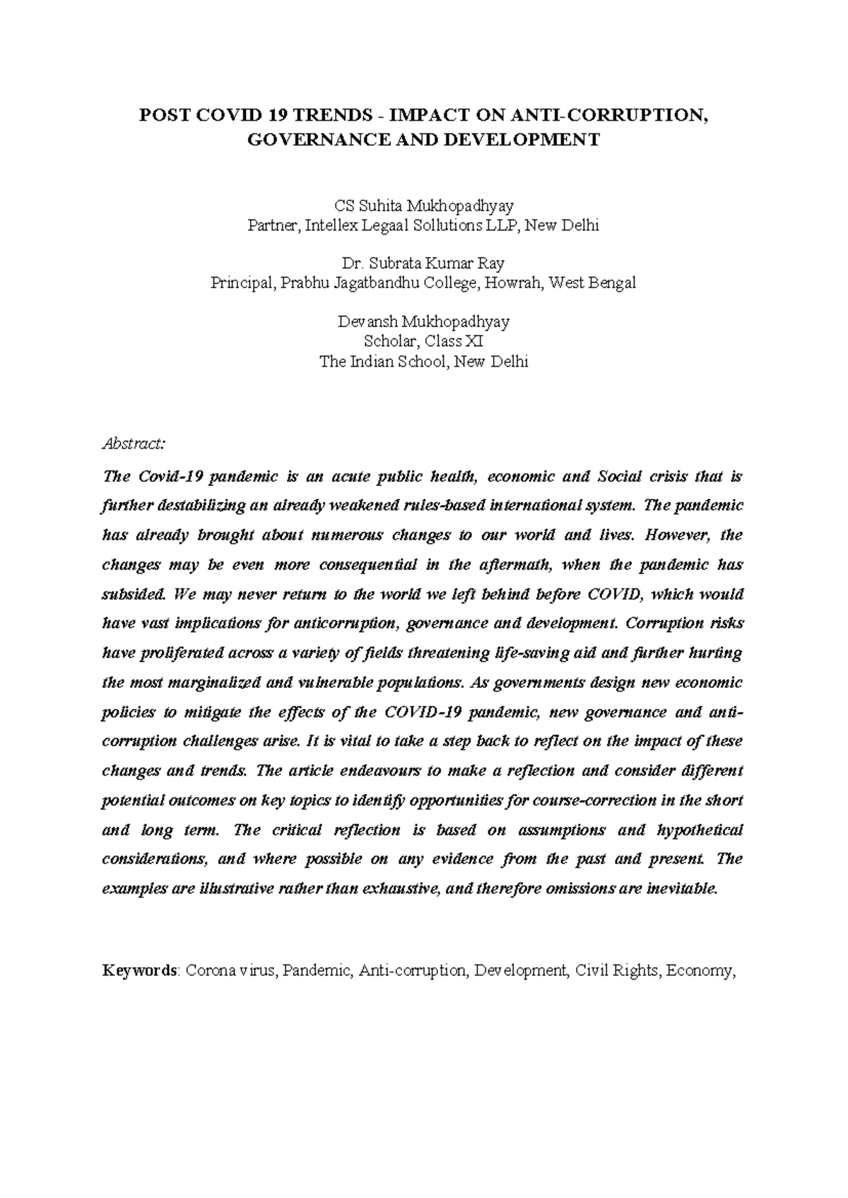 Article ON Corruption Ethics AND Governance - POST COVID 19 TRENDS ...