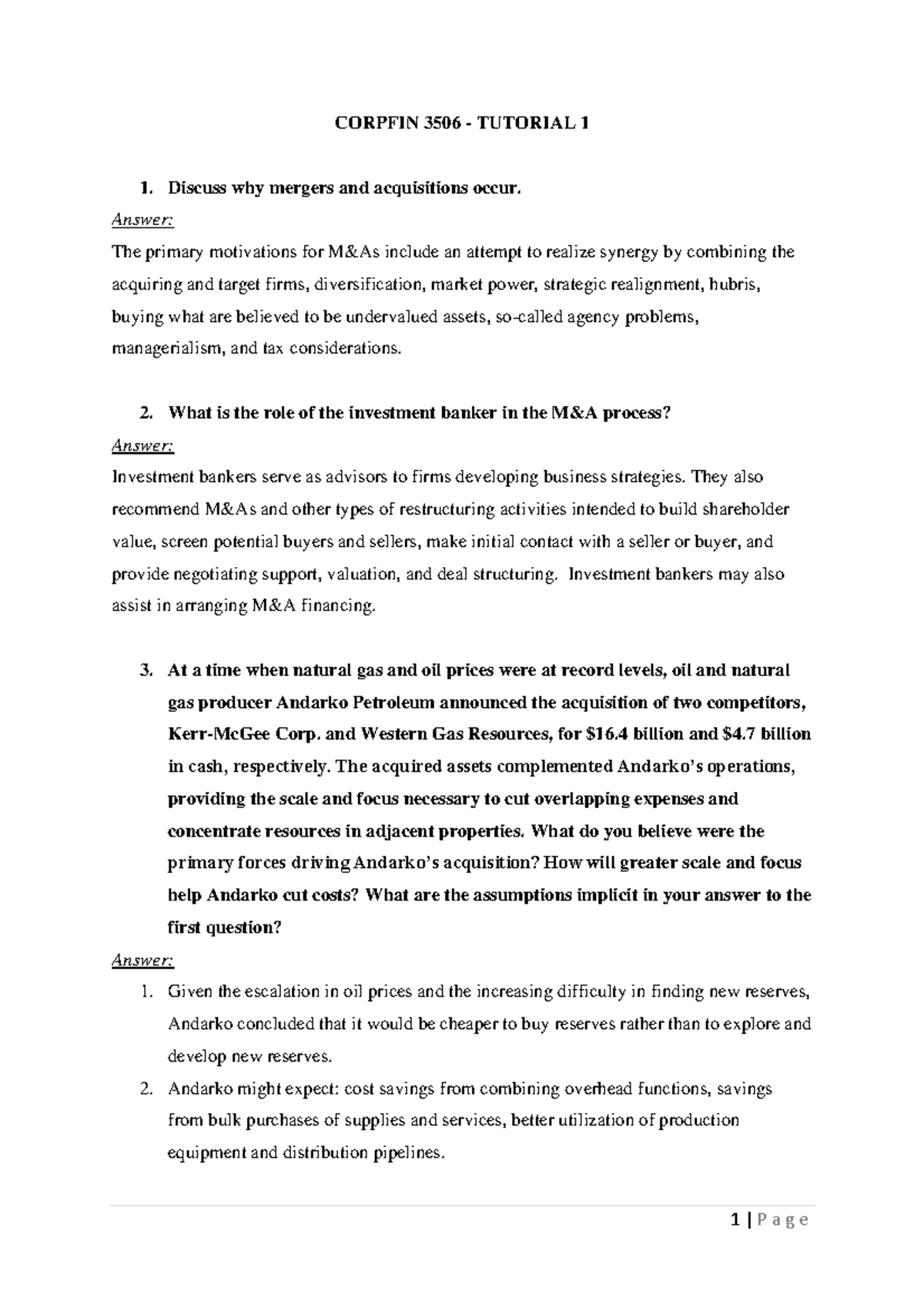 Tutorial 1 Solutions - 1 | P a g e CORPFIN 3506 - TUTORIAL 1 Discuss ...