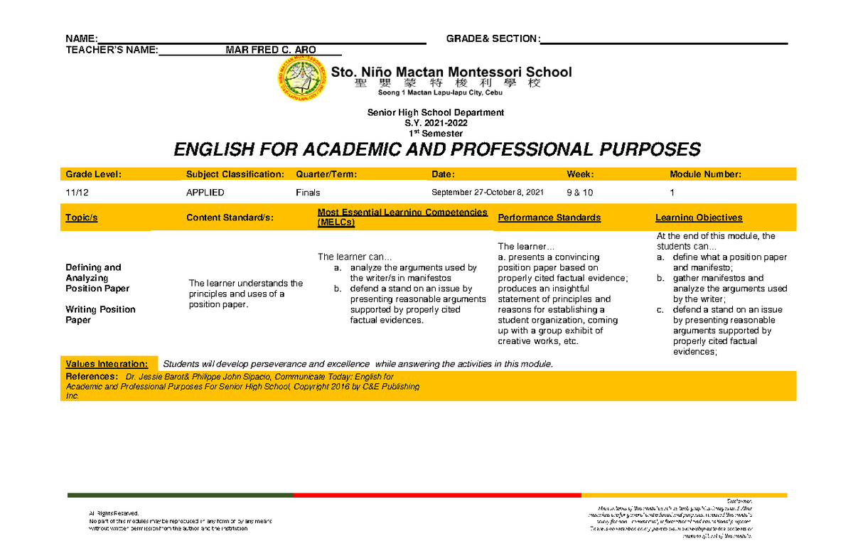 Module 1 EAPP (Finals) - TEACHER’S NAME: MAR FRED C. ARO Grade Level ...