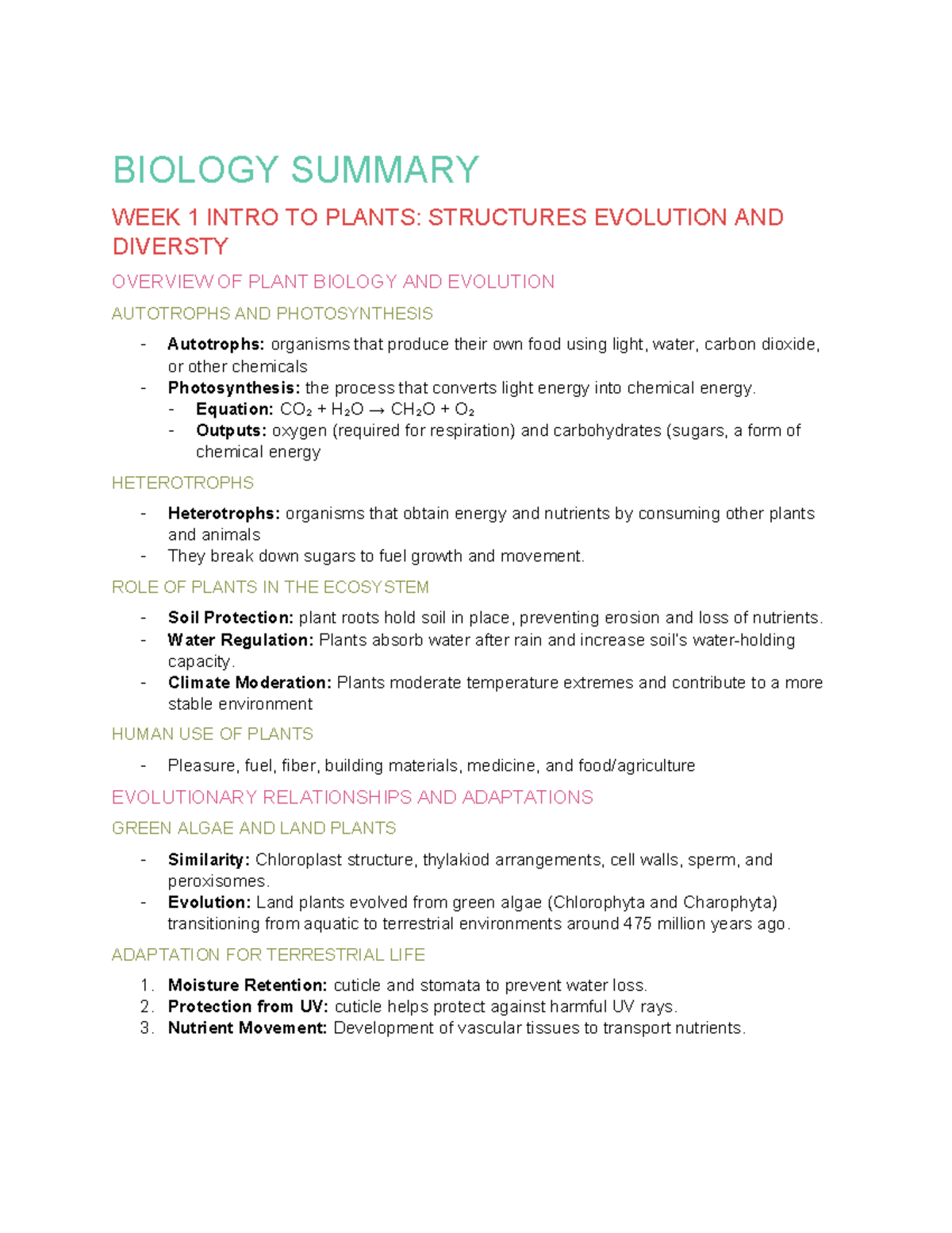 Bio plants summary notes - BIOLOGY SUMMARY WEEK 1 INTRO TO PLANTS ...