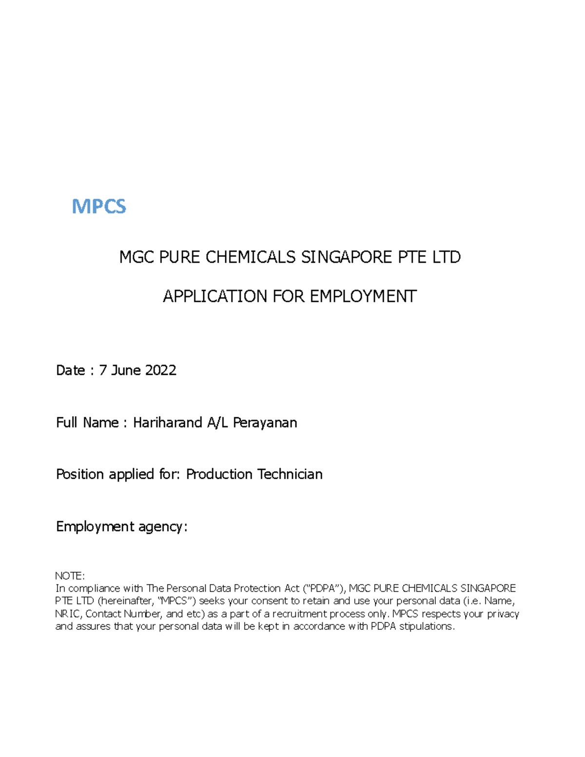 Application Form (MPCS)-rev1-1 - MPCS MGC PURE CHEMICALS SINGAPORE PTE LTD APPLICATION FOR - Studocu