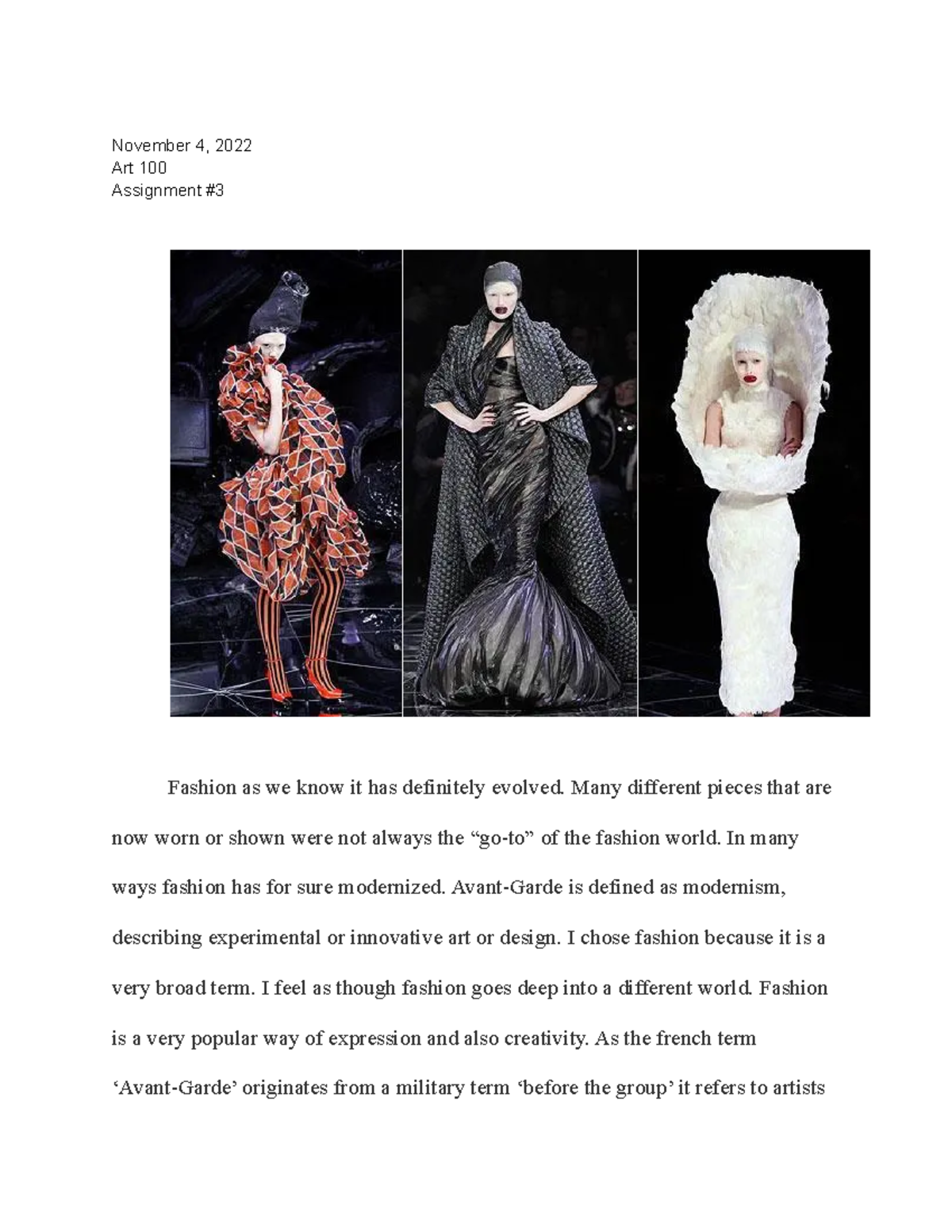 Art Assignment 3 - November 4, 2022Art 100 Assignment # Fashion as we ...