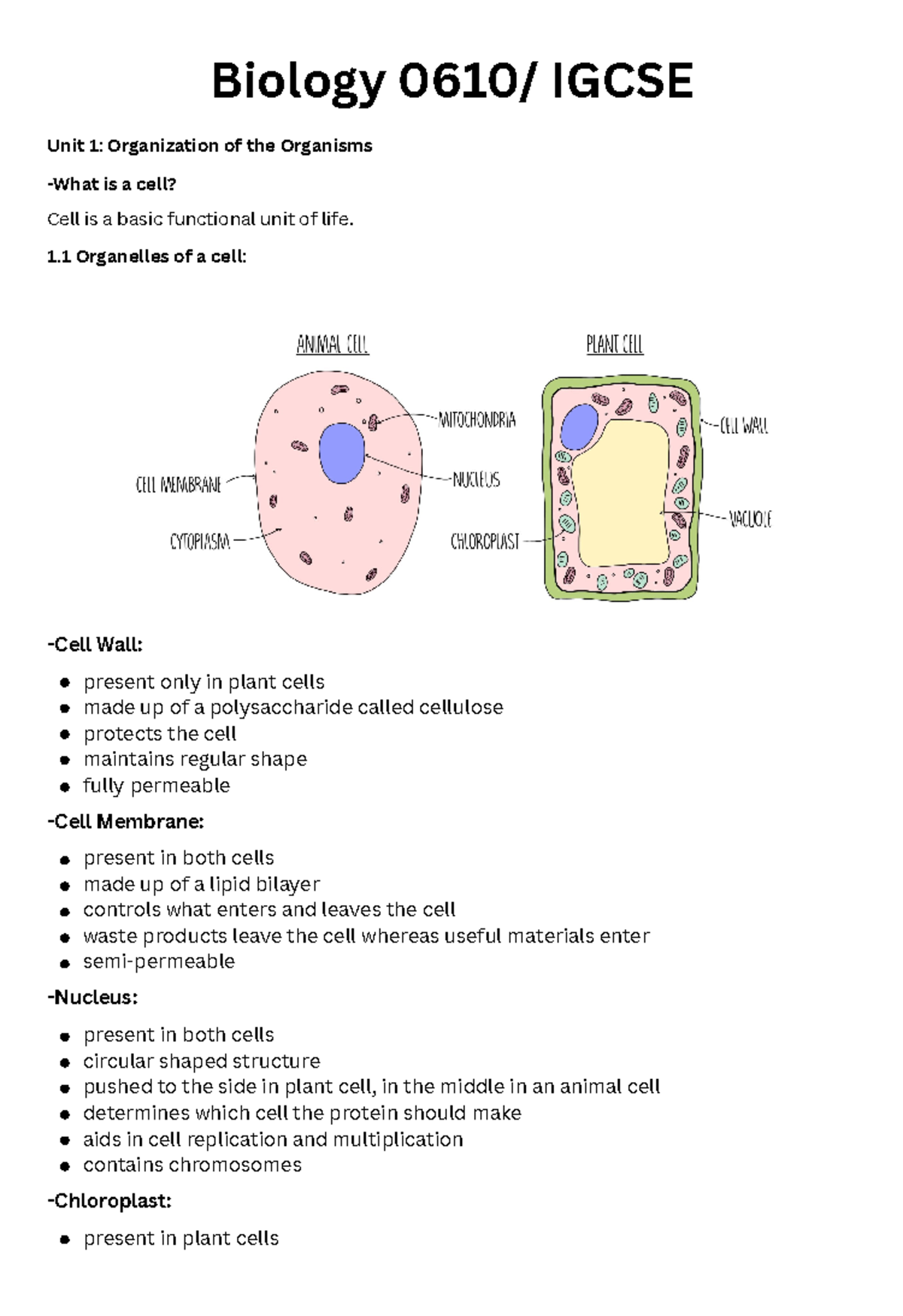 Cells - Biology 0610/ IGCSE Unit 1: Organization of the Organisms -What is a cell? Cell is a ...